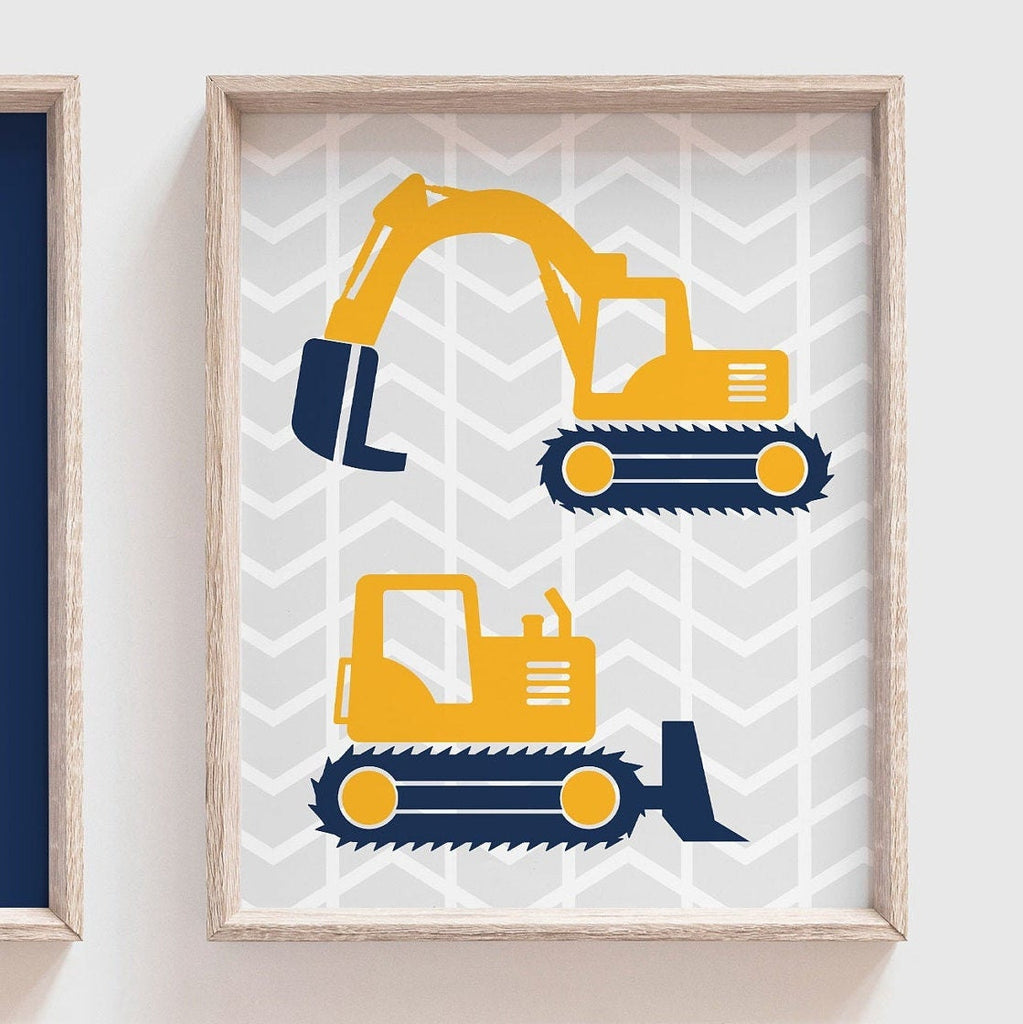 Baby boy construction nursery decor navy blue and yellow, digger print ...